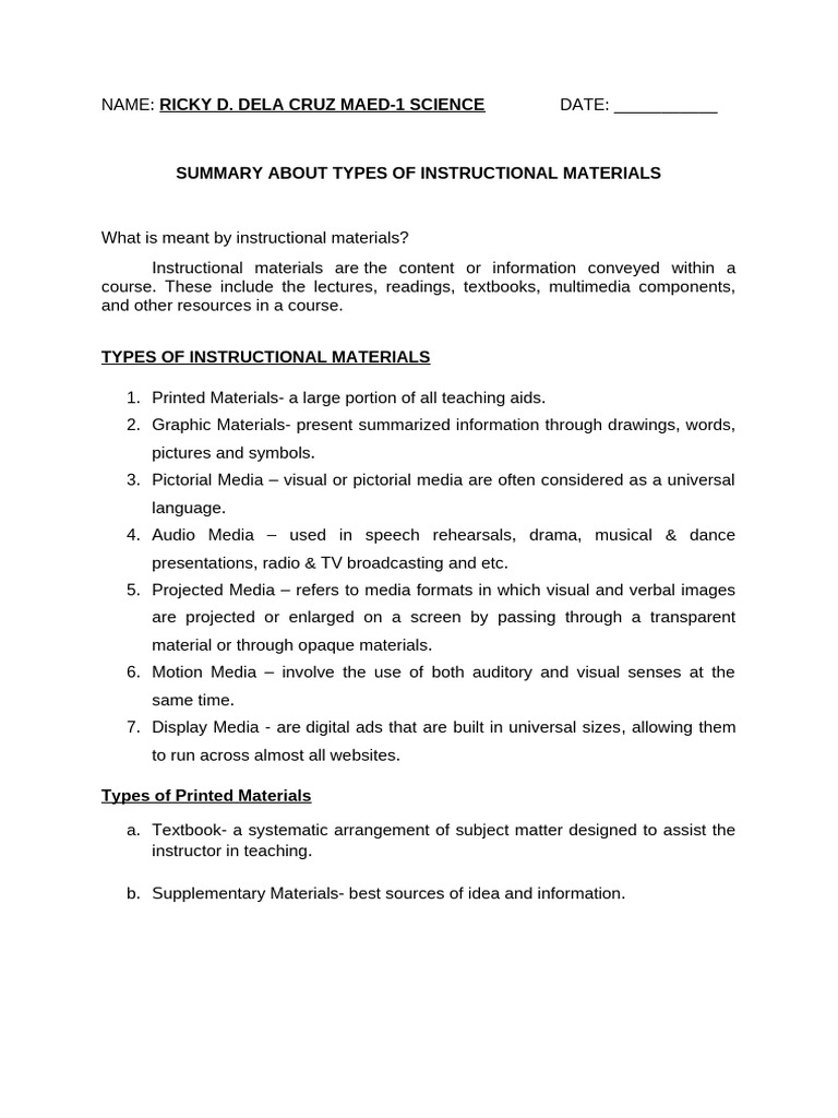 SUMMARY ABOUT INSTRUCTIONAL MATERIALS | PDF