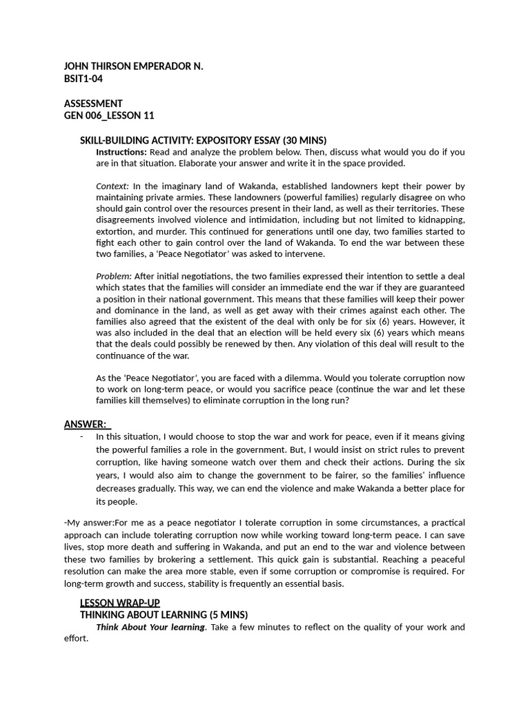 John Thirson Emperador N. BSIT1-04 Assessment GEN 006 - LESSON 11 Skill ...