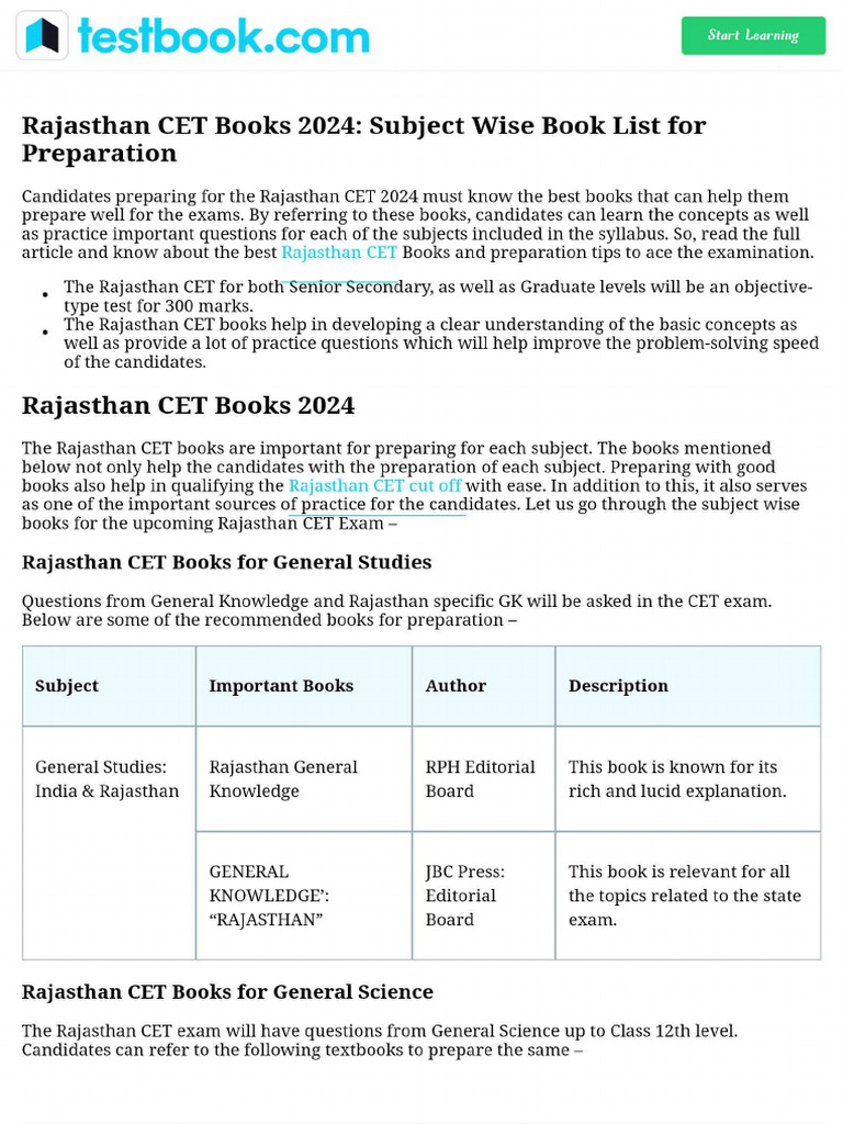 Rajasthan CET Books 2024 - Subject Wise Book List For Preparation | PDF