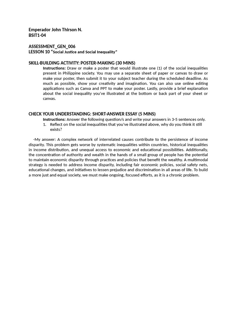 Emperador John Thirson N. BSIT1-04 Assessment - Gen - 006 Lesson 10 ...