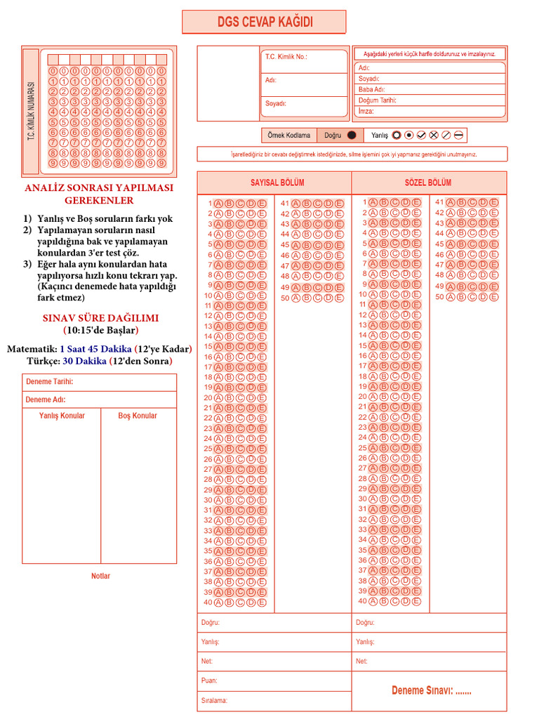 OPTİK FORM 50 LİK Deneme | PDF