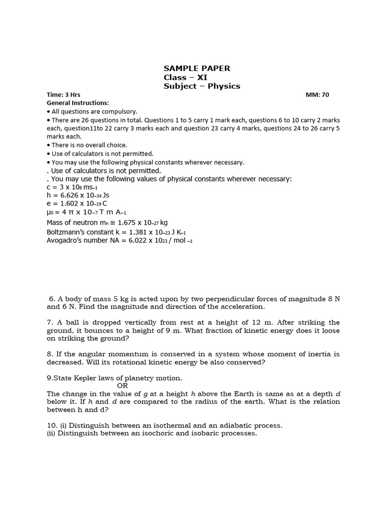 Sample Paper Xi | PDF