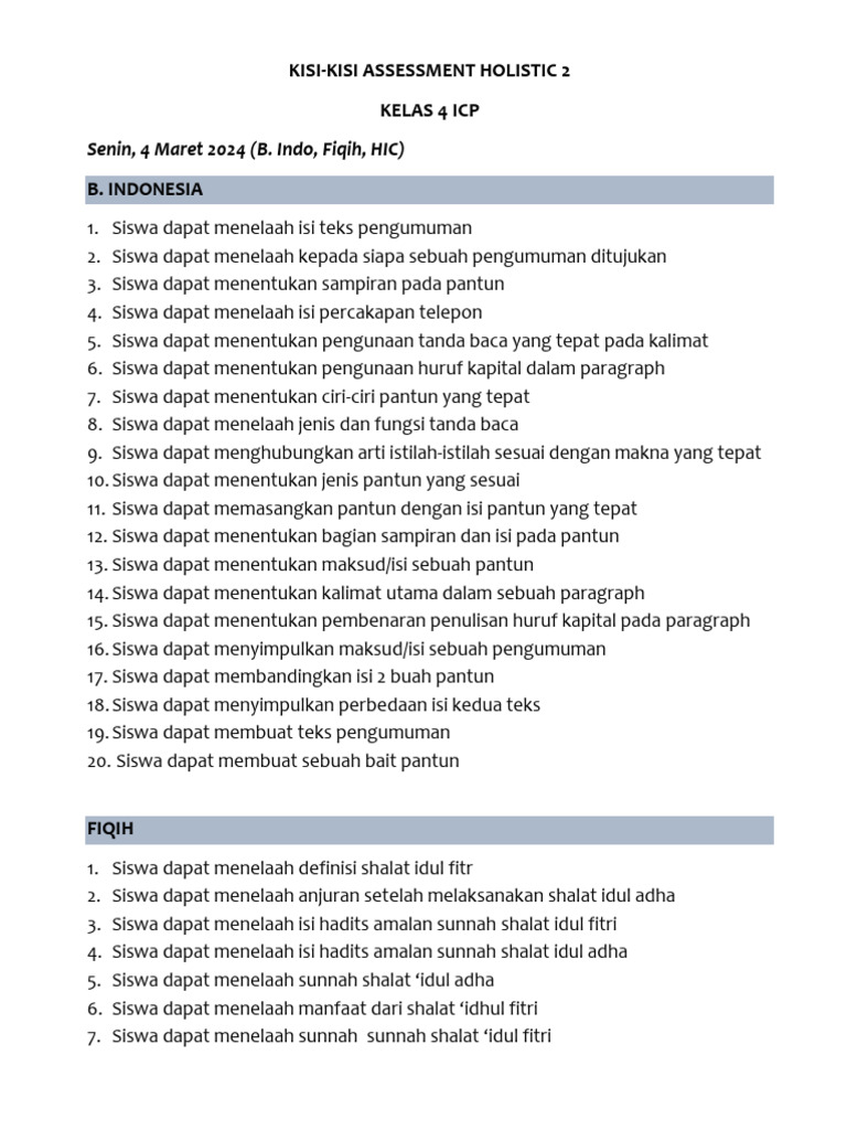 Kisi-Kisi Ah 2 Kelas 4 Icp | PDF