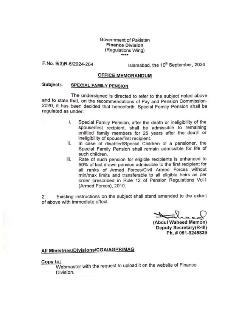 Notification Special Family Pension 2024 Finance Division | PDF