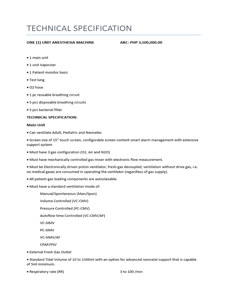 A. Technical Specification Anesthesia Machine | PDF A. Technical Specification Anesthesia Machine | PDF
