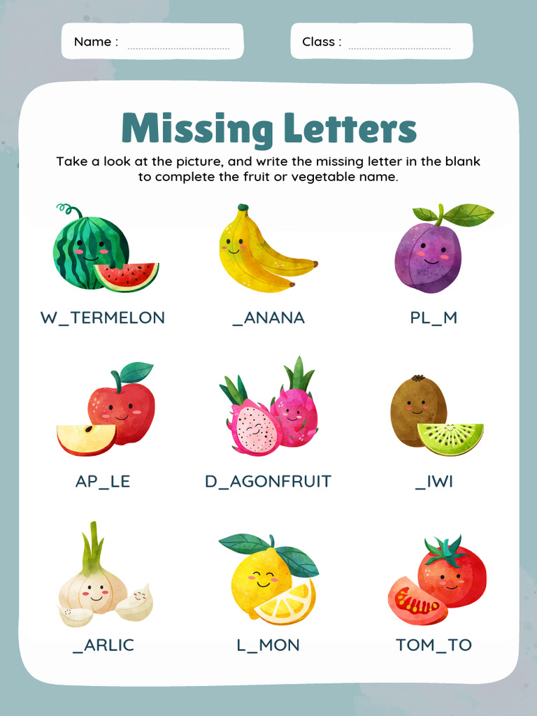 Colorful Fun Fill The Missing Letters of Fruits Worksheet | PDF