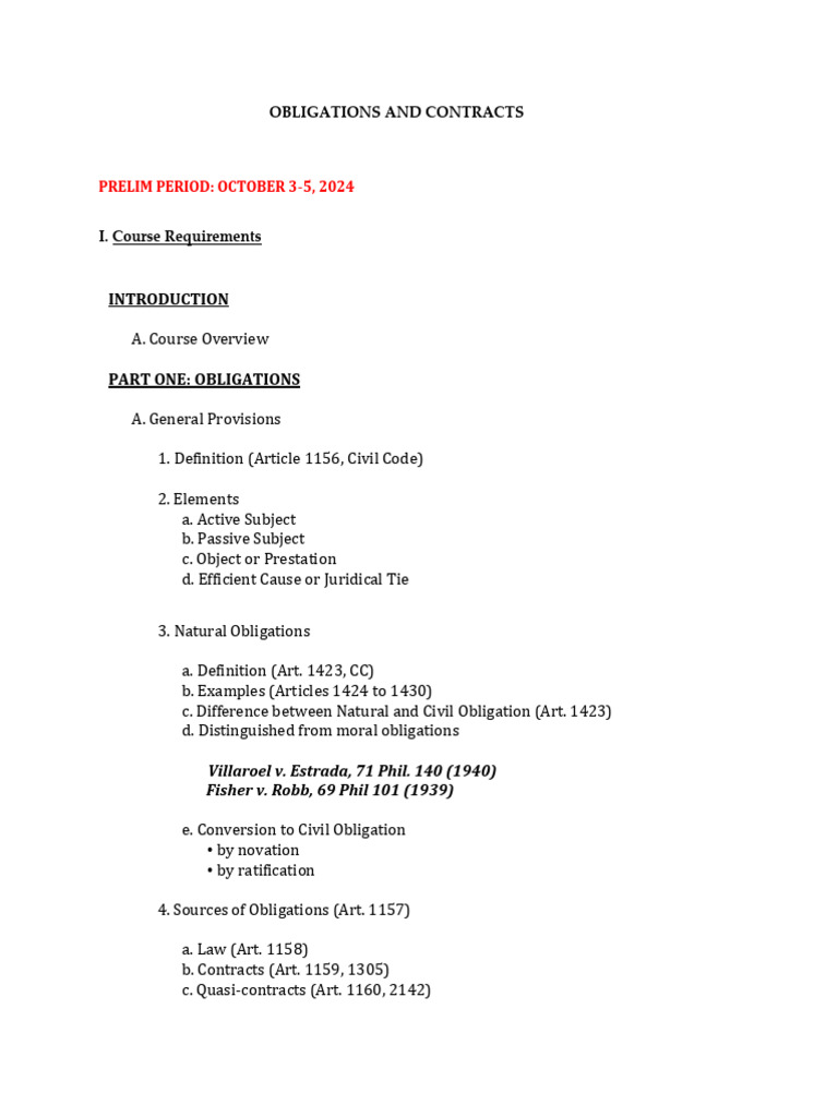 OBLIGATIONS AND CONTRACTS - Course Outline-2024-2025 | PDF
