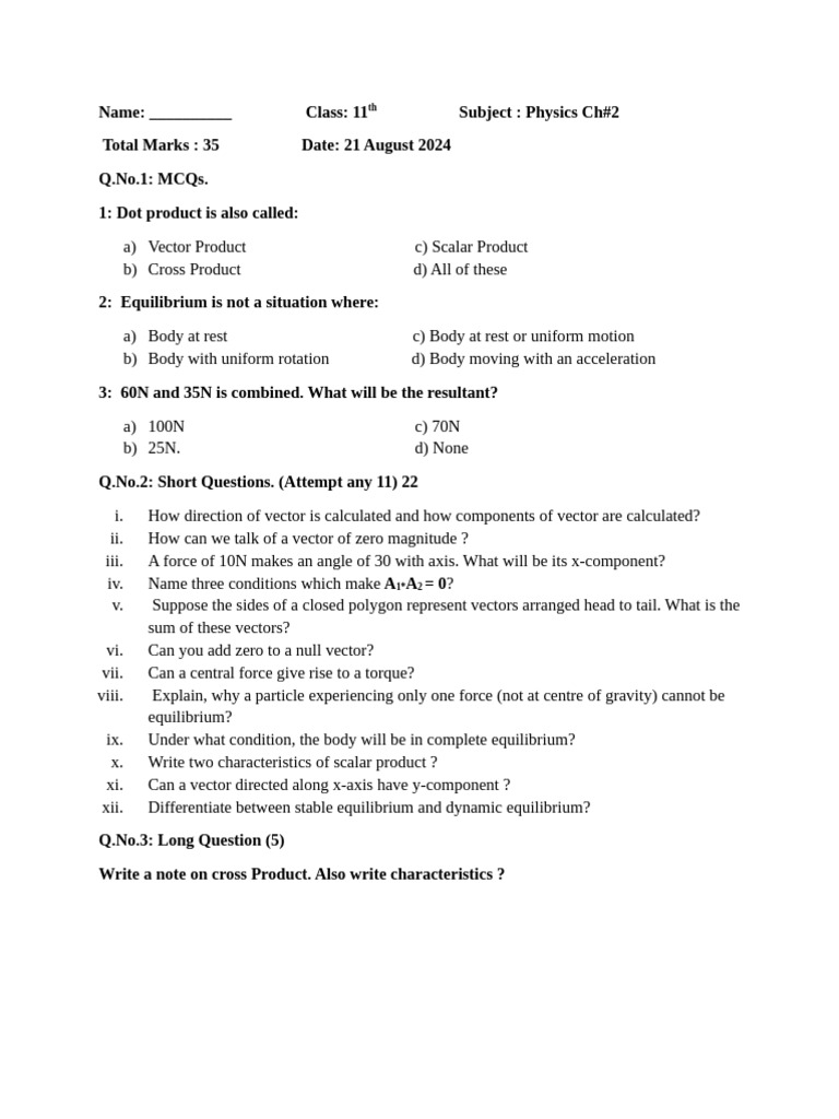 Physics Class 11 Chapter 2 | PDF
