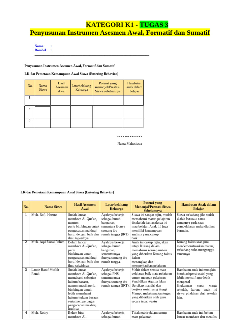 Contoh K1 - Tugas 3 - Penyusunan Instrumen Asesmen Awal, Formatif Dan ...