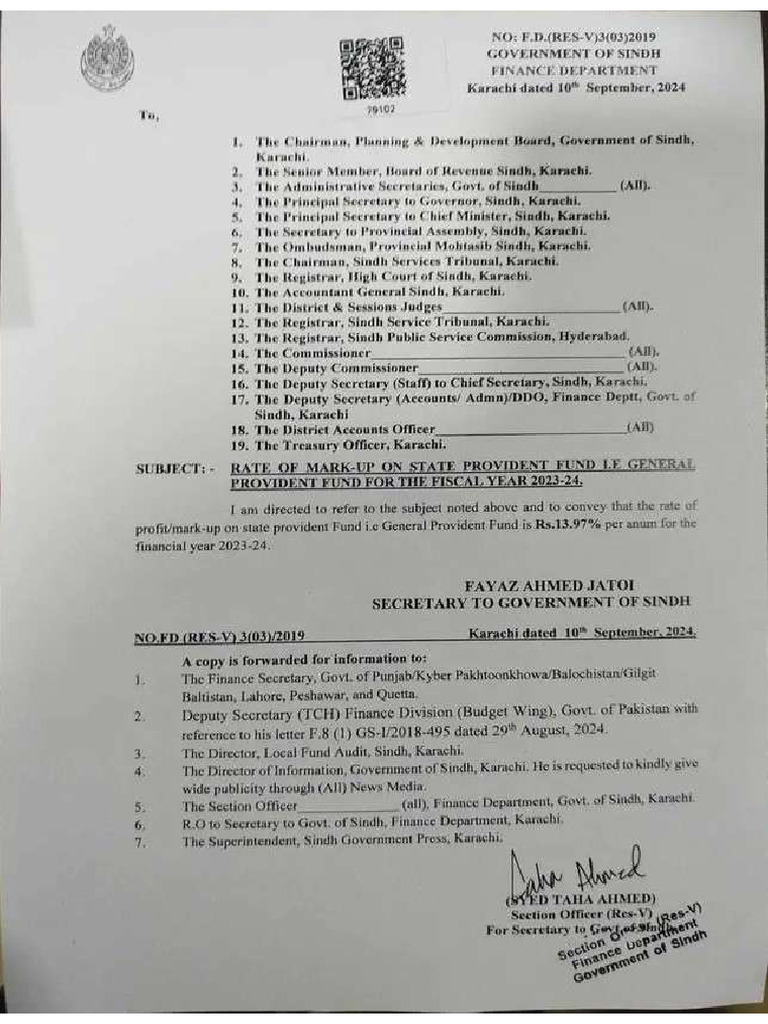 Notification of Mark Up On General Provident Fund 2023 24 Sindh | PDF