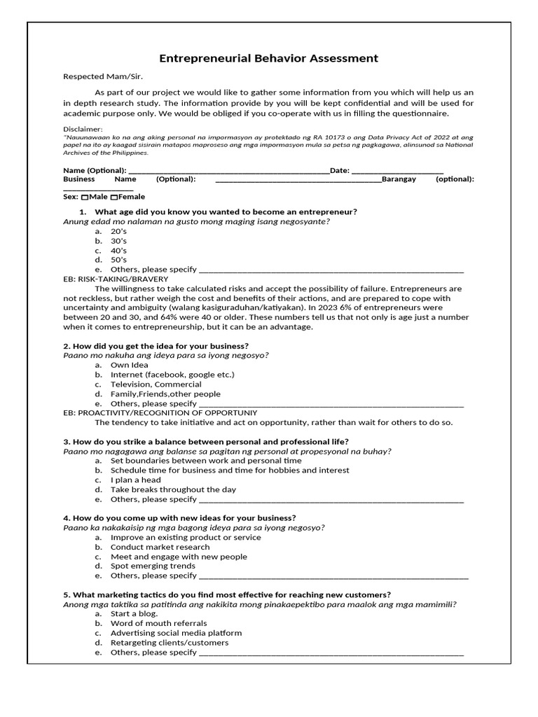 2 Entrepreneurial Behavior Assessment | PDF