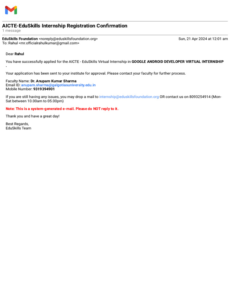 Gmail - AICTE-EduSkills Internship Registration Confirmation | PDF