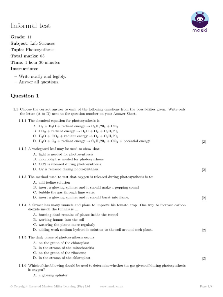 Informal Test 100 20240912052351 | PDF | Photosynthesis | Chloroplast