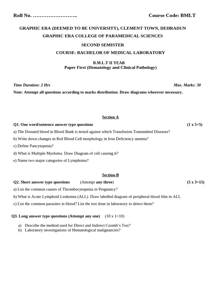 Paper 1 BMLT II Year (F) | PDF