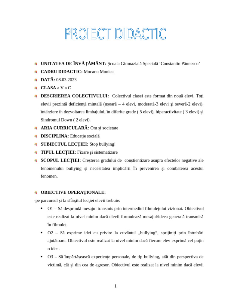 Bullying - Proiect Didactic-1 | PDF