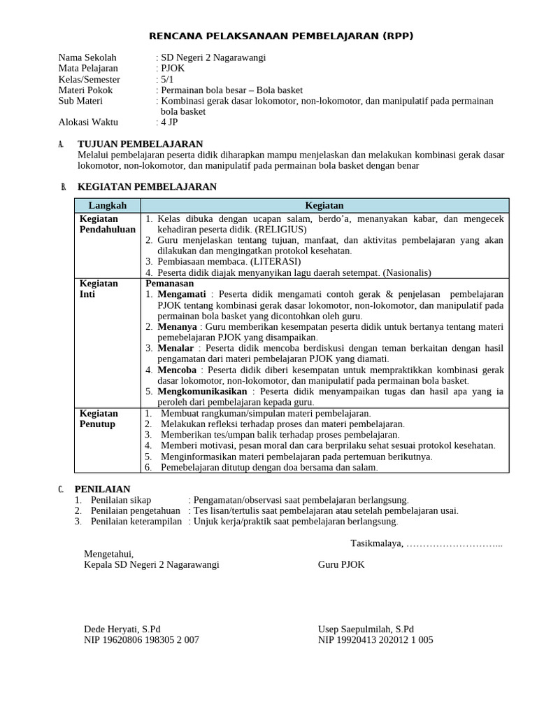 RPP PJOK Kelas 5 Semester 1 - Usep Saepulmilah | PDF