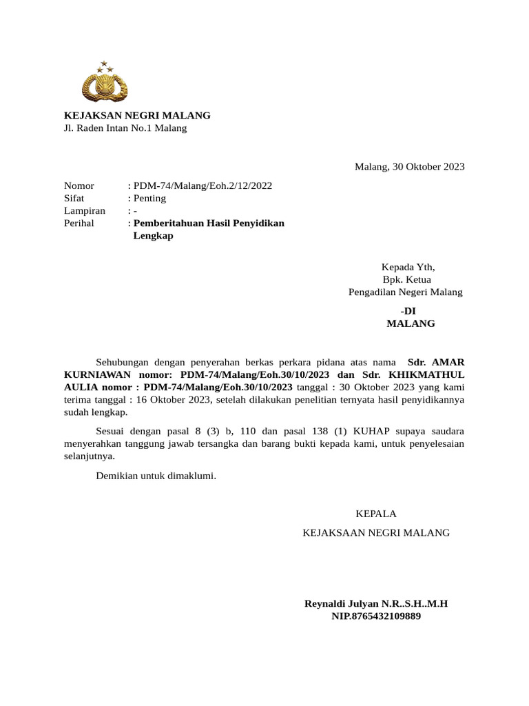 Surat Pemberitahuan Hasil Penyidikan Lengkap | PDF