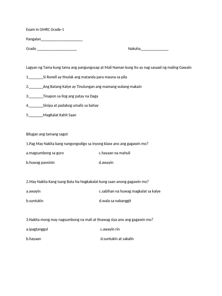 Exam in GMRC Grade 1 | PDF