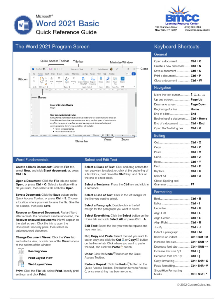 Word 2021 Basic Quick Reference | PDF