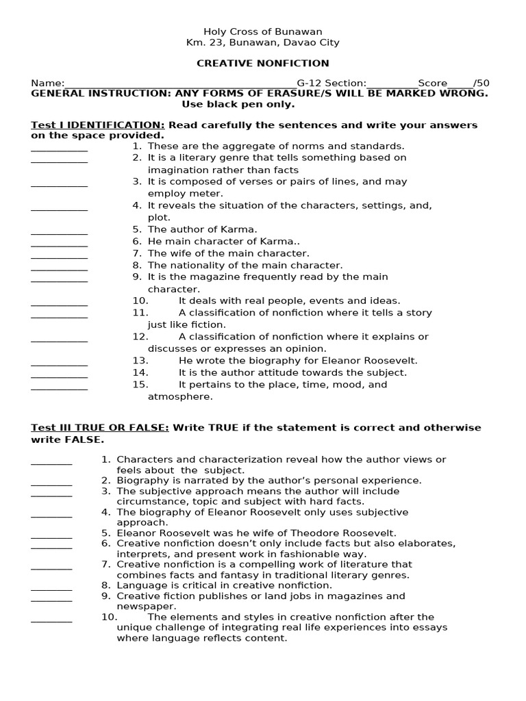 Creative Nonfiction Exam Guide | PDF | Creative Nonfiction | Language ...