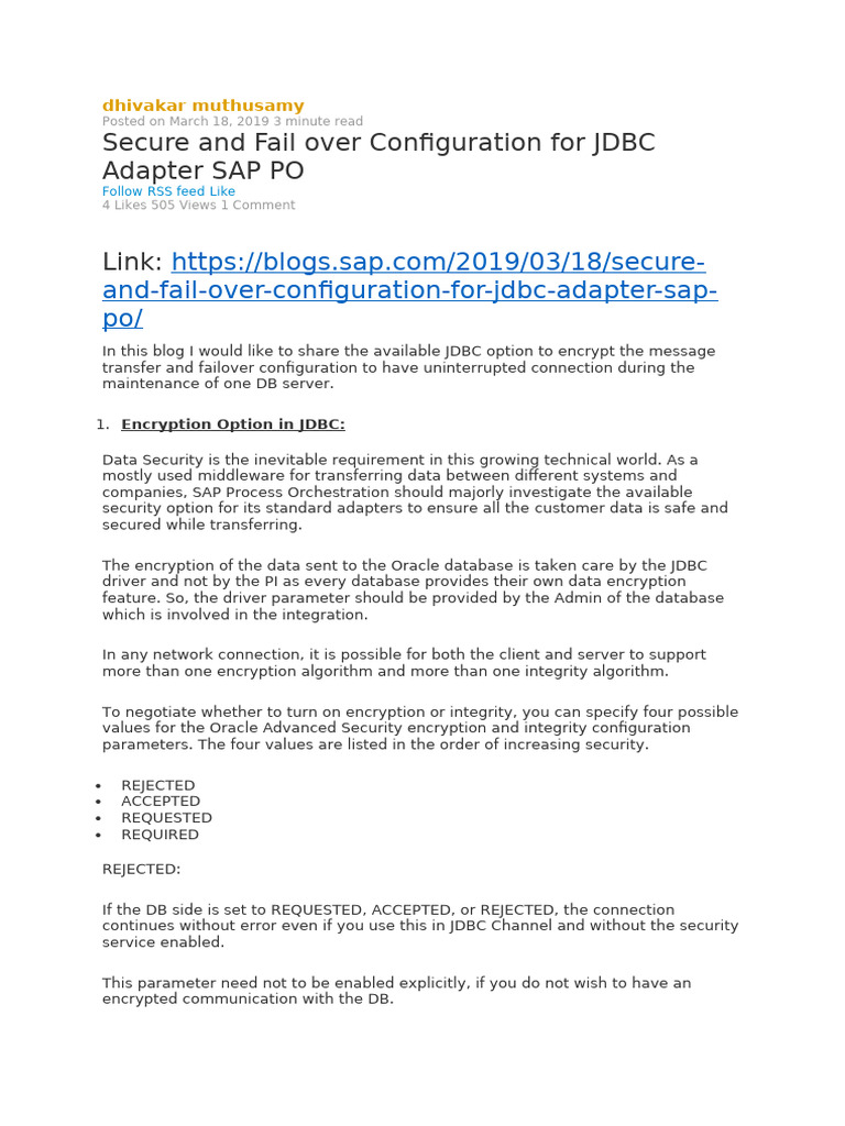 Secure and Fail Over Configuration For JDBC Adapter SAP PO | PDF
