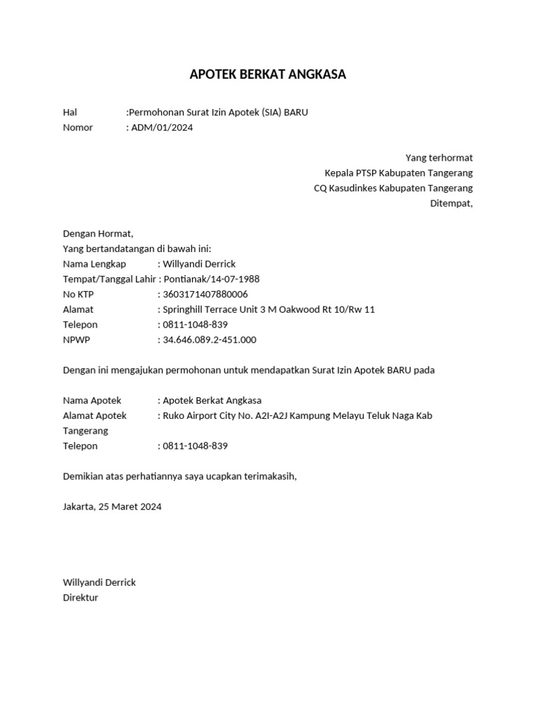Surat Permohonan Surat Ijin Apotek Baru | PDF