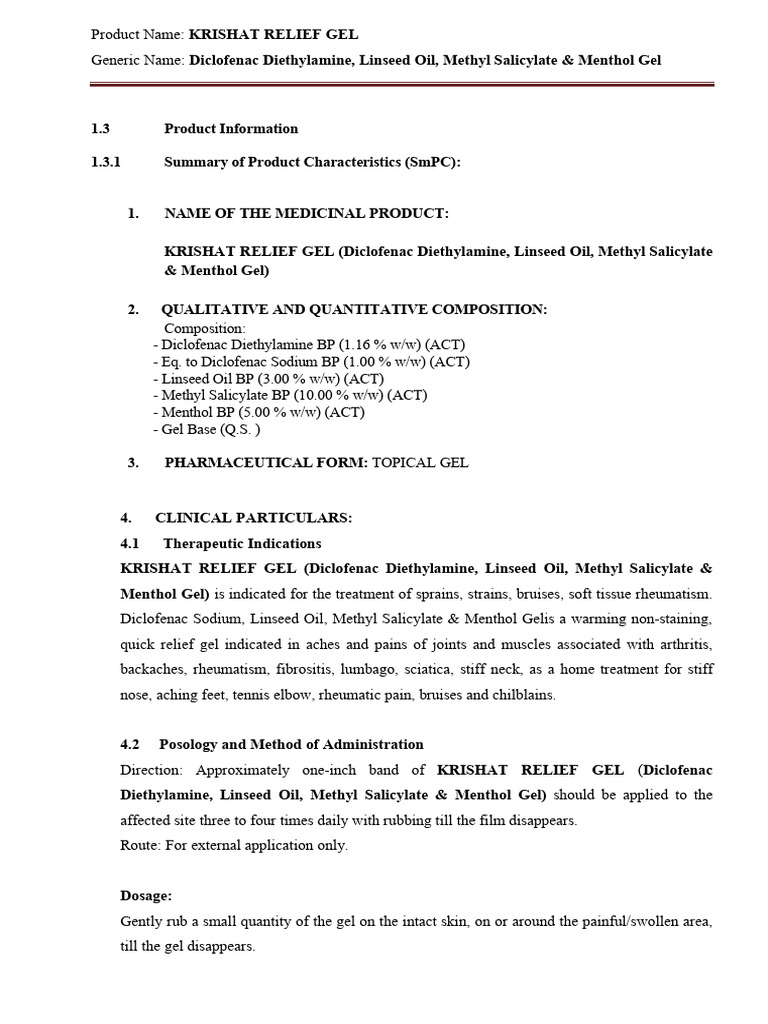 Diclofenac Diethylamine Linseed Oil Methyl Salicylate Menthol Gel ...