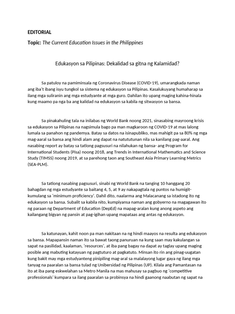 Editorial 1 The Current Education Issues in The Philippines | PDF