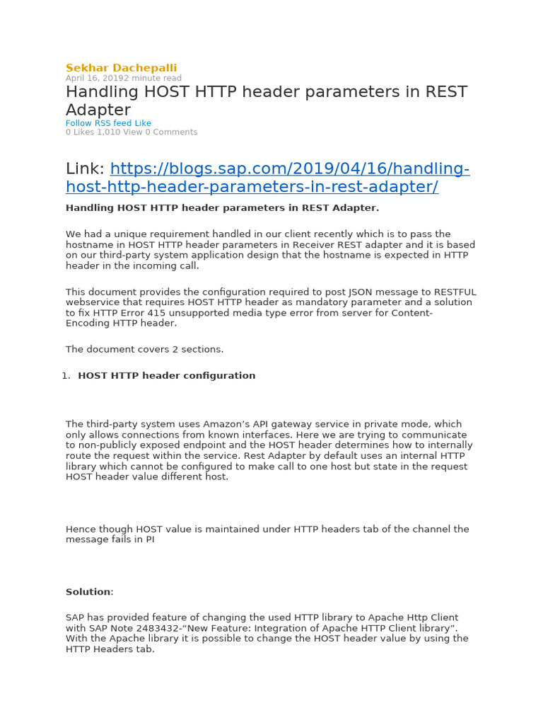 Handling HOST HTTP Header Parameters in REST Adapter | PDF