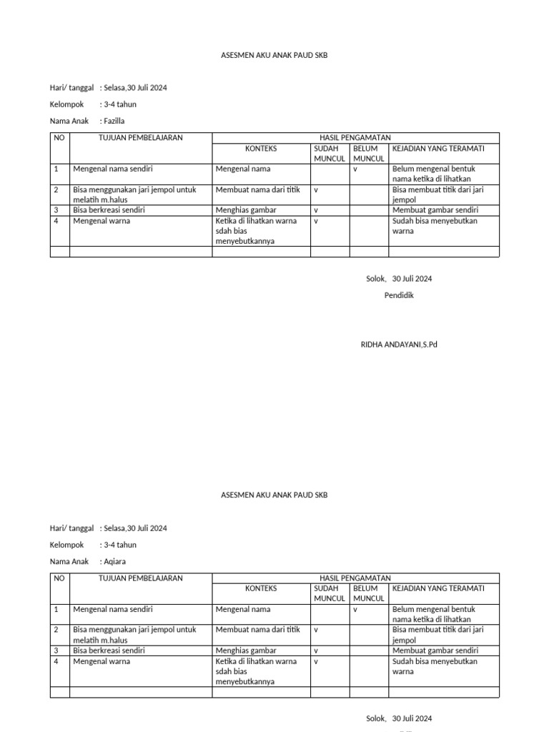 Asesmen Aku Anak Paud SKB | PDF