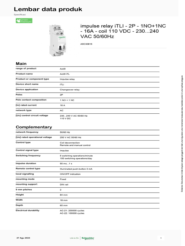 Lembar Data Produk: Impulse Relay iTLI - 2P - 1NO+1NC - 16A - Coil 110 ...