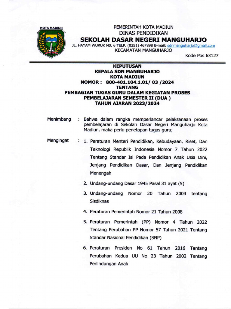 SK Pembagian Tugas Mengajar Semester 2 TP 2023-2024 | PDF