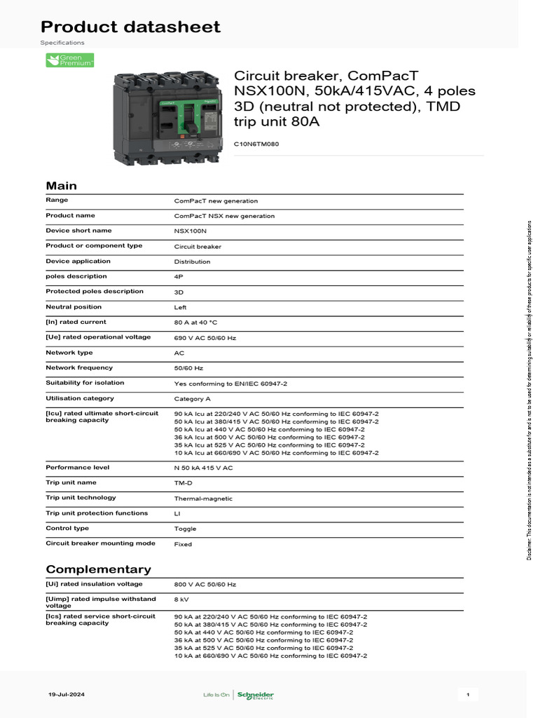 Product Datasheet: Circuit Breaker, Compact Nsx100N, 50Ka/415Vac, 4 Poles 3D (Neutral Not ...