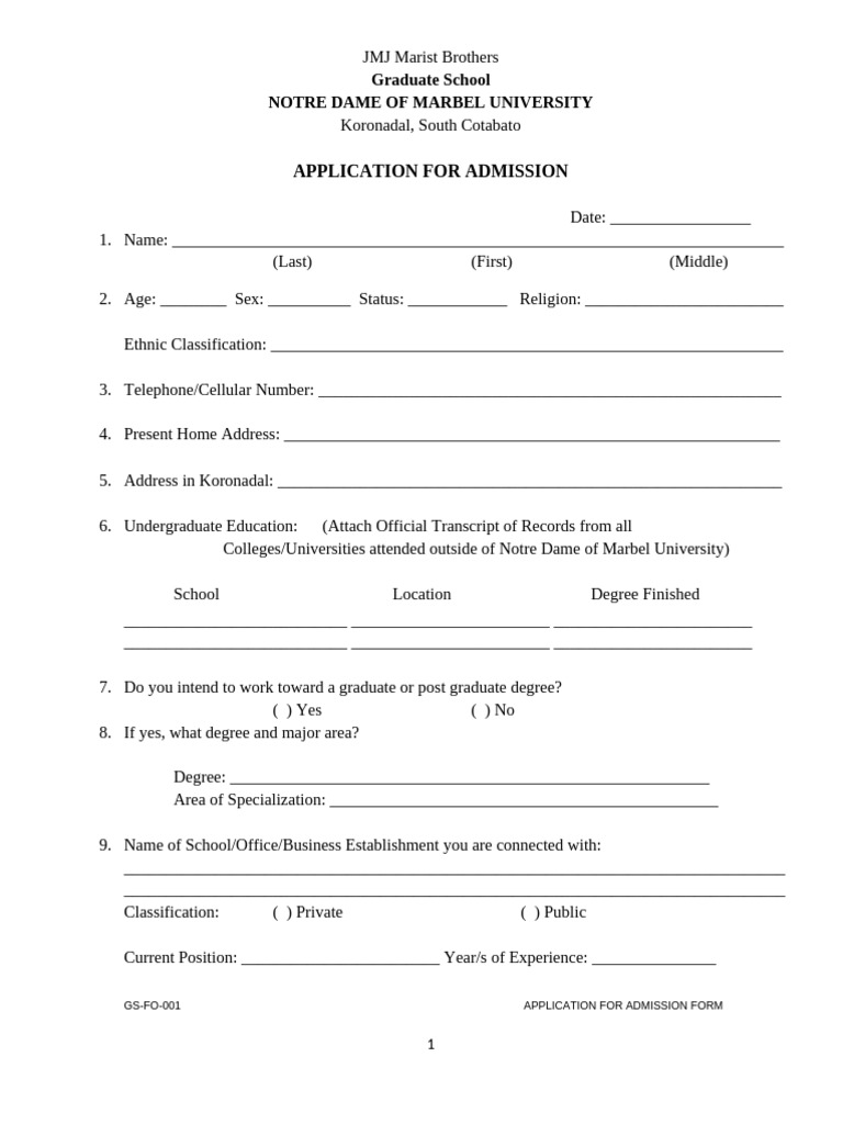 GS Fo 001 Admission Form | PDF