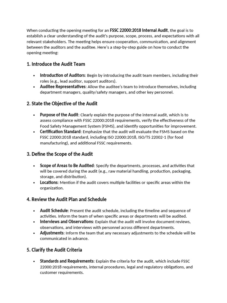 Opening Meeting For An FSSC 22000 Internal Audit | PDF