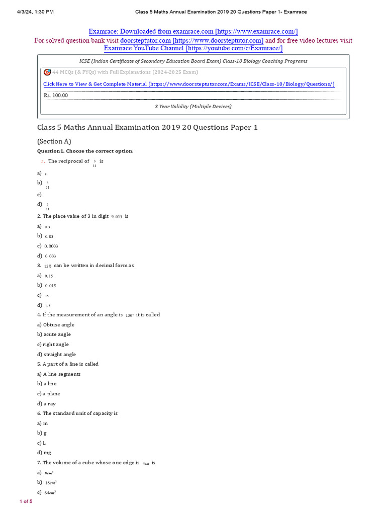 ICSE Class 5 Maths Sample Paper 1 | PDF