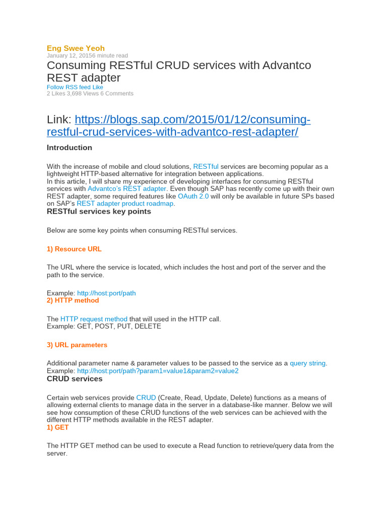 Consuming RESTful CRUD Services With Advantco REST Adapter | PDF