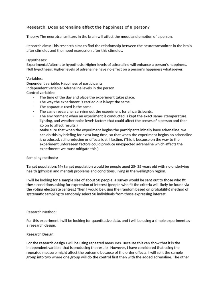 Psychology Mock Research - Adrenaline Effect On Happiness | PDF
