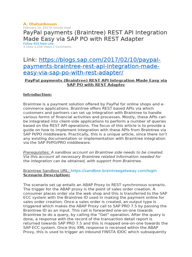 PayPal Payments (Braintree) REST API Integration Made Easy Via SAP PO With REST Adapter | PDF