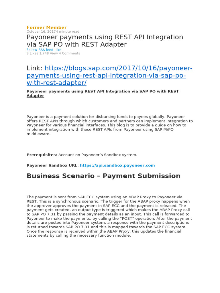 Payoneer Payments Using REST API Integration Via SAP PO With REST Adapter | PDF