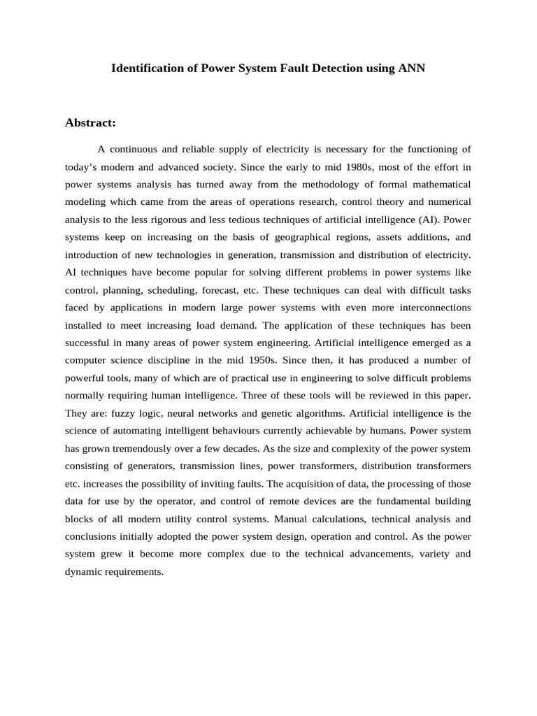 Identification Of Power System Fault Detection Using Ann Pdf