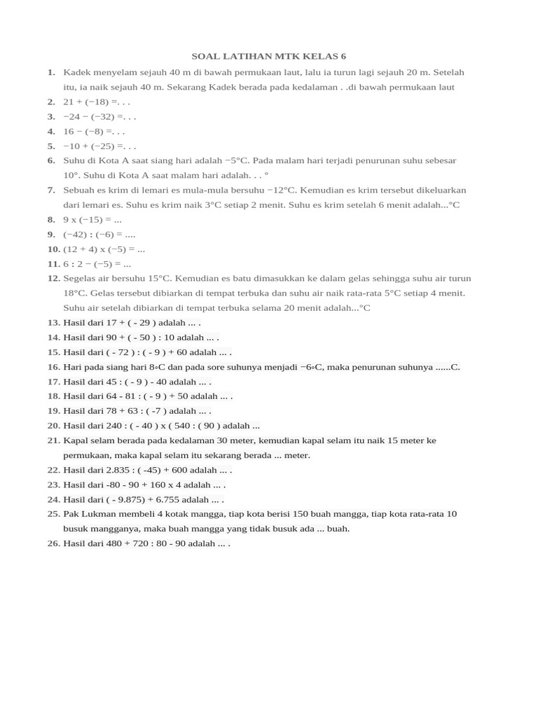 Soal Latihan MTK Kelas 6 Bilangan Bulat | PDF
