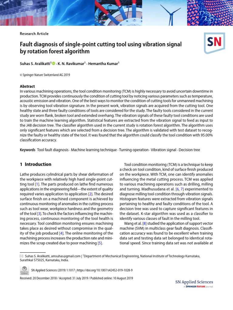 Fault Diagnosis of Single-Point Cutting Tool Using Vibration Signal by Rotation Forest Algorithm ...
