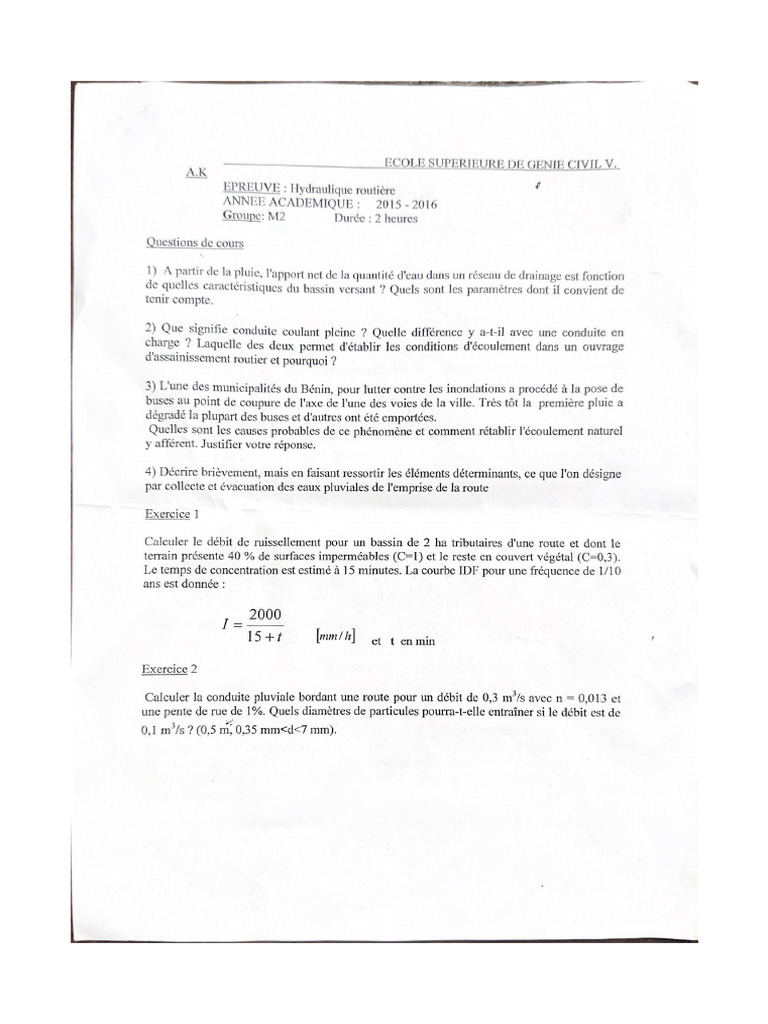 Épreuves Hydraulique Routière | PDF