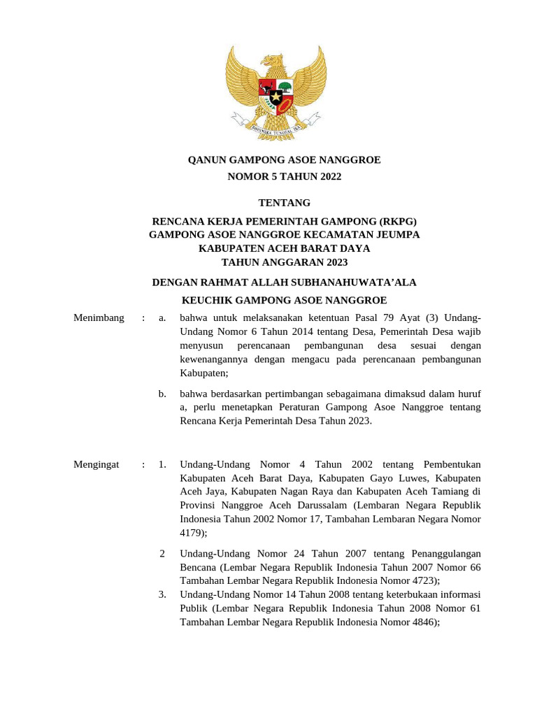 Qanun Gampong Tentang RKPG . | PDF