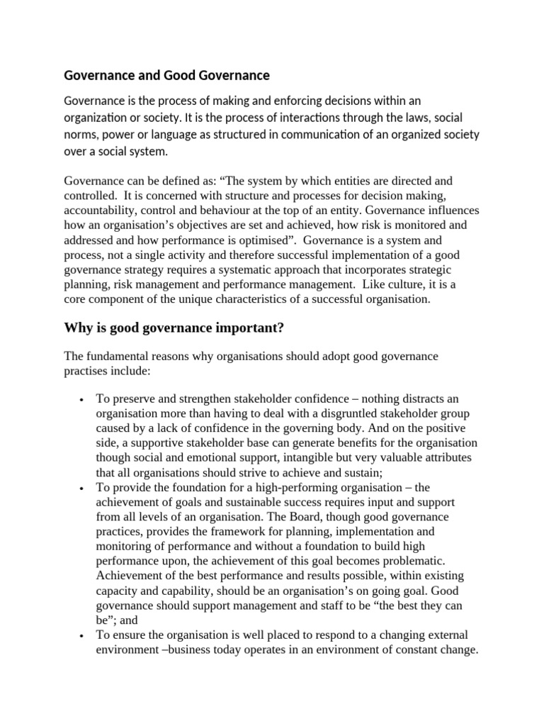 Governance and Good Governance | PDF