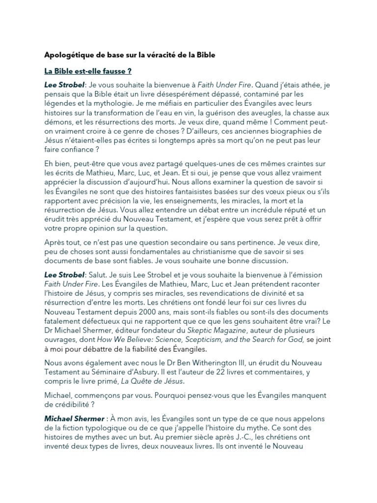 Apologétique de Base Sur La Véracité de La Bible | PDF