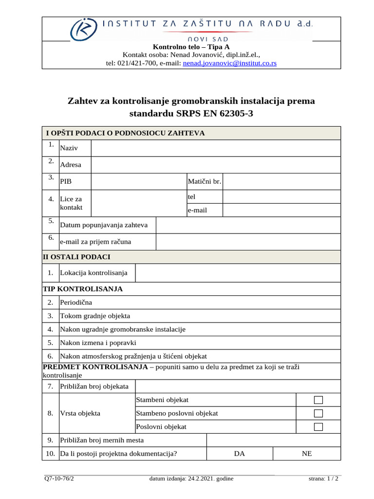 Q7!10!76 Zahtev Za Kontrolisanje Gromobranskih Instalacija Prema Standardu SRPS en 62305-3 | PDF