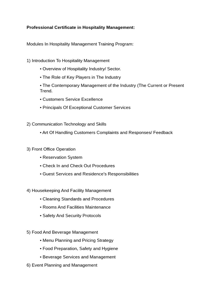 Professional Certificate in Hospitality Management | PDF