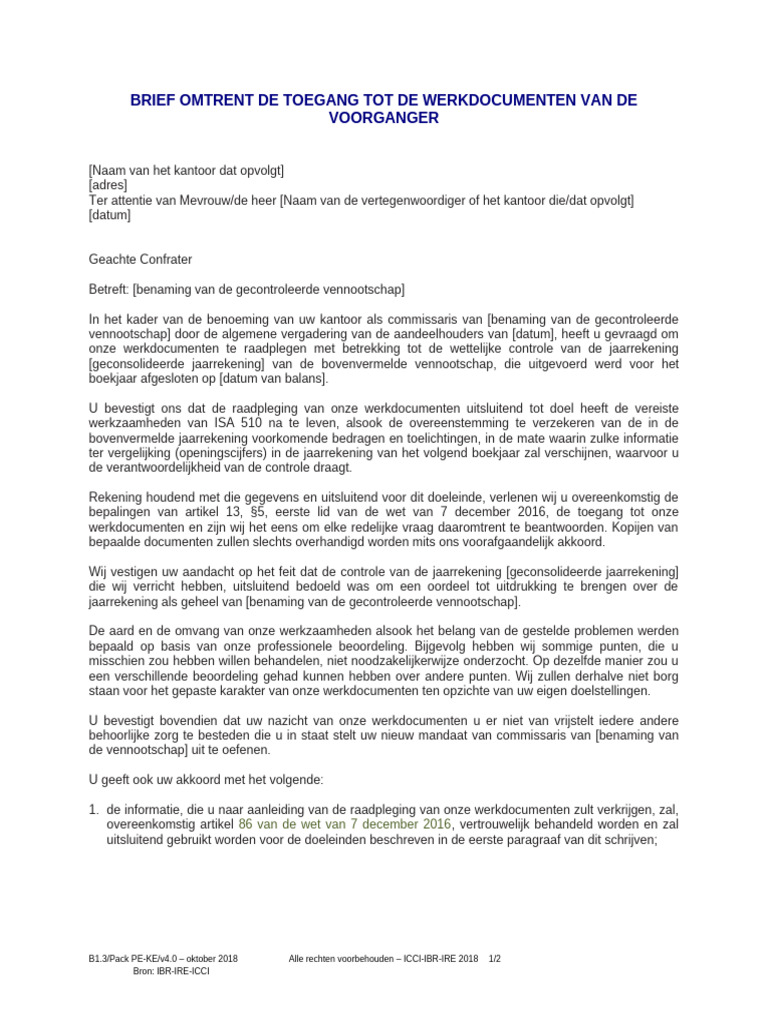 B1.3 - Brief Omtrent de Toegang Tot de Werkdocumenten Van de Voorganger ...